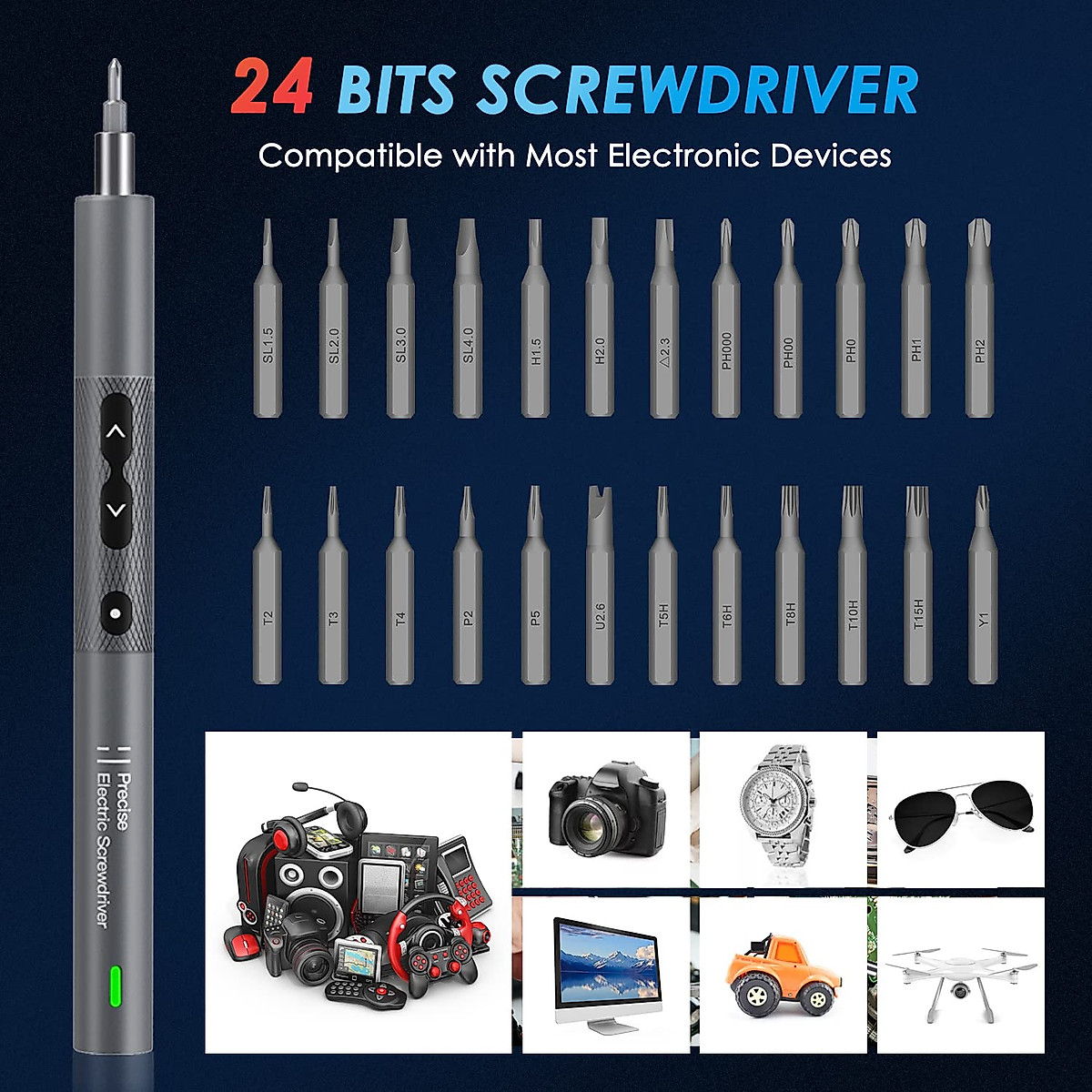 WOTOW Electric Screwdriver, (Newest) 28 in 1 Mini Power Precision Cordless Screwdriver Set with 24 Bits 3 LED Lights Rechargeable Repair Tool Kit with Magnetizer for PC Glasses Laptop Phone Watch Toys