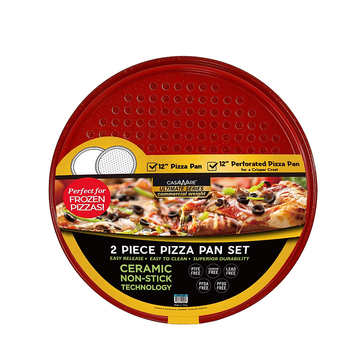 casaWare 2pc Ultimate Pizza Pan Set, (1) Ceramic Coated NonStick 12-inch Pizza Pan, (1) 12-inch Ceramic Coated NonStick Perforated Pizza Pan (Red Granite)