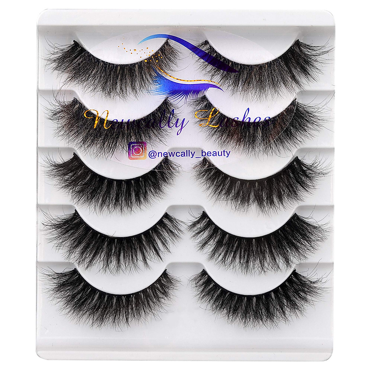 Newcally Cat Eye Mink Eyelashes Nautral Fluffy False Eyelashes 5D Volume Fake Eyelashes 5 Pairs Pack Full Crossed Short Eye Lashes Handmade Reusable Soft Multipack