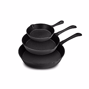 Eternal Living Cast Iron 3 Piece Skillet Set, Nonstick Pre-Seasoned Chemical Free & Heavy Duty for Use on Stove Top, Oven or Grill 6" 8” & 10”, Black