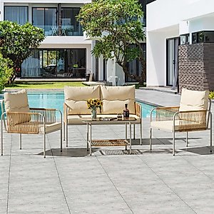 YITAHOME 4 Pieces Patio Furniture Set, Wicker Outdoor Conversation Set, All-Weather Rattan Bistro Set with Loveseat Set, Coffee Table and Cushions for Backyard, Balcony, Deck - Beige