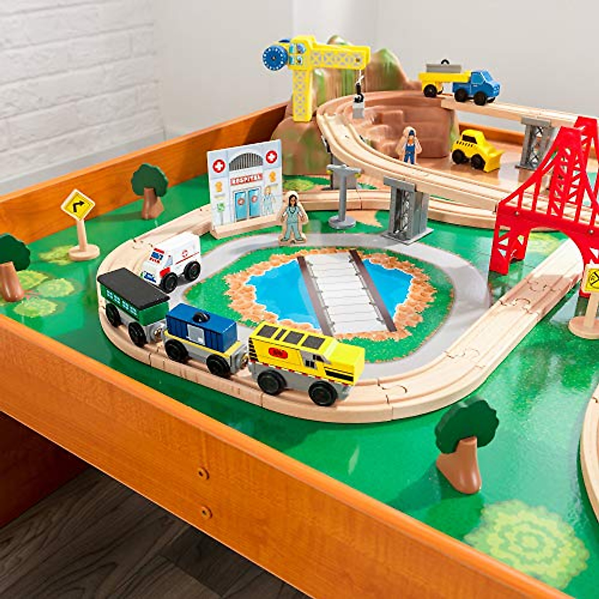 KidKraft Ride Around Town Wooden Train Set and Table with Helicopter, Airplane, Farm, Storage Bins and 100 Pieces, Compatible with Other Major Brand Trains, Honey