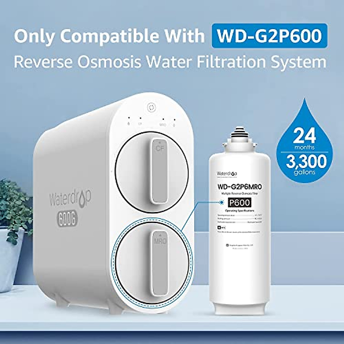 Waterdrop WD-G2P600-RO Filter, Replacement for WD-G2P600-W Reverse Osmosis System, 2-year Lifetime, Reduce PFAS