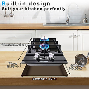 Karinear Gas Cooktop 2 Burner Propane Cooktop, 12 Inch LPG/NG Dual Fuel Gas Stove Top, Built-in Tempered Glass Gas Cooktop for Apartment, Indoor, RV