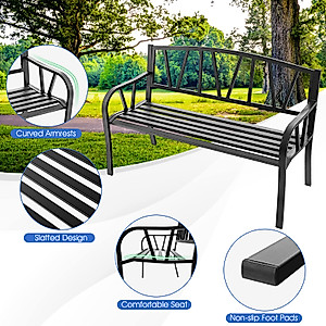 Giantex Garden Bench for Outside 50 Inch - Outdoor Bench with Metal Frame, Patio Metal Bench with Backrest, Armrests and Slatted Seat for Park, Porch, Backyard, 660 lbs Max Load, Black