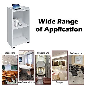 Panana Podium Stand - Hostess Stand with Wheels, Portable Podium Stand Reception Desk with Adjustable Shelf, Pulpits for Churches, Mobile Lectern Podium for Conference, Auditorium, Classroom, White