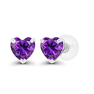 Solid 14K White Gold 5mm Heart Natural Purple Amethyst February Birthstone Genuine Stud Earrings For Women