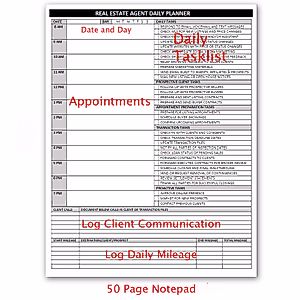 Real Estate Agent Supplies - Daily Planner Task List Notepad. Simple one page document with calendar, task lists, call and mileage log. Keep organized & focused on selling real estate. 8.5 X 11