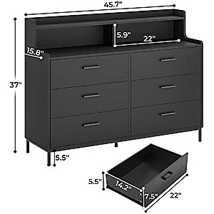 Hasuit 6 Drawers Double Dresser with Shelves, Large Wooden Storage Tower Organizer, Wide Chest of Drawers, Black Dresser for Bedroom, Living Room, Entryway