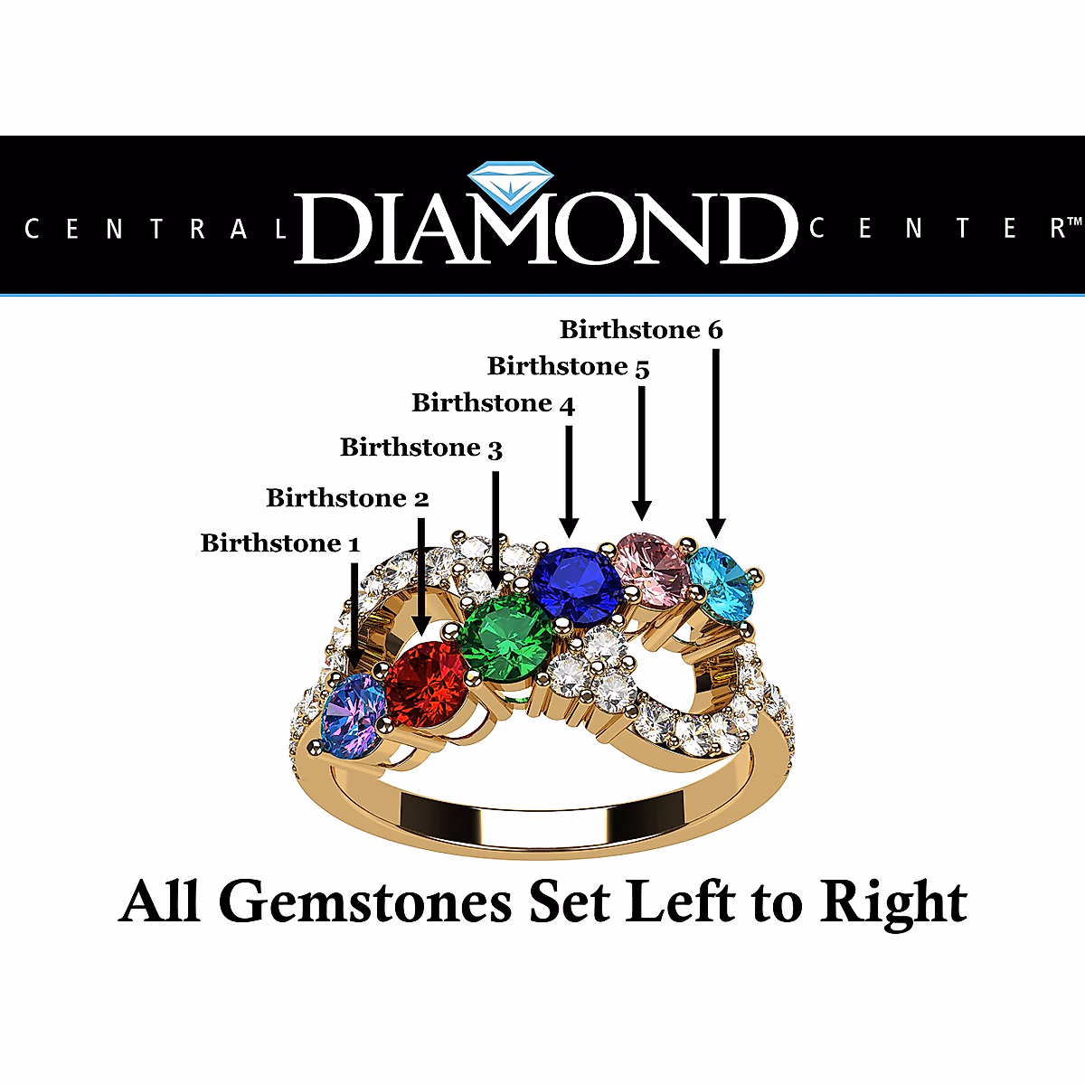 Central Diamond Center Infinity Mothers Ring with 1 to 6 Simulated Birthstones - 14k Yellow - Size 5