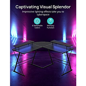Evajoy Gaming Desk, L Shaped Computer Corner Desk, 53" Ergonomic Gaming Table with Monitor Stands, PC Desk with LED Strips and Power Outlets, Carbon Fiber Surface with Cup Holder, Headphone Hook