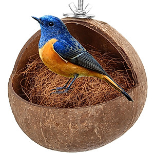 POPETPOP Coconuts Shell Birds Nest Natural Parrot Cage Nest Winter Warm House Hut Hanging Toy for Pet Parakeet Cockatiels Finch Hamster Rat