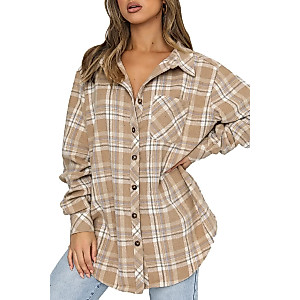 CHYRII Women's Flannel Plaid Shirts Long Sleeve Button Down Shacket Jacket Coat Outwear Fall Clothes Tan XXL