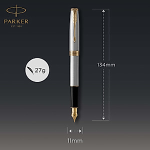 PARKER Sonnet Fountain Pen, Stainless Steel with Gold Trim, Fine Nib (1931504)