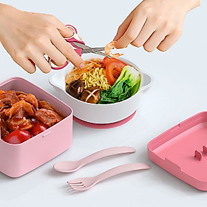 Silicone Suction Bowl For Toddlers Baby Suction Cup Food Container for Snack Oatmeal Outdoor Kids Tableware Auxiliary Scissors And Spoon And Fork 5 Piece (Blue) (Pink)