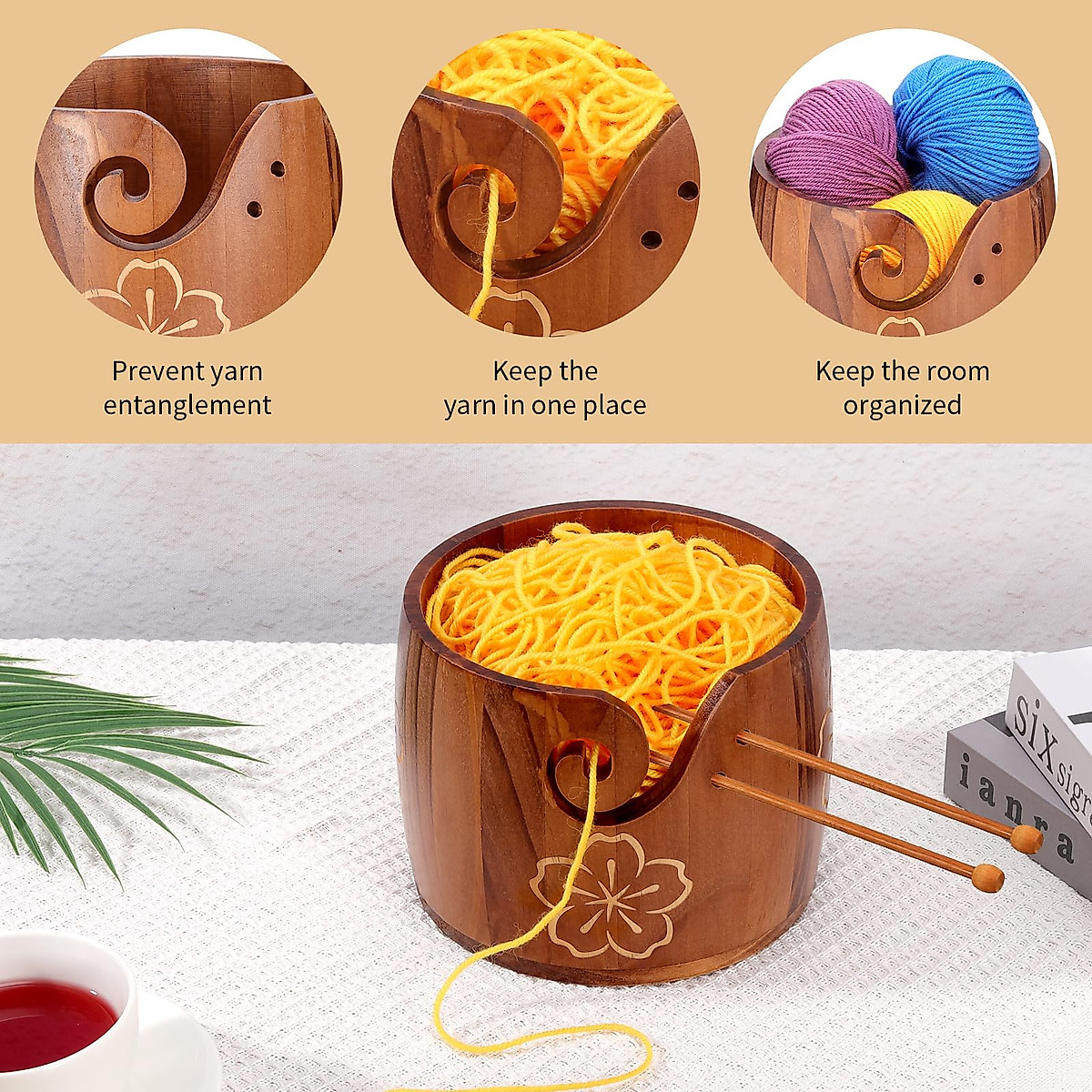 Yarn Bowl Large Size 5''x7'' Pine Wood Unique Design Crochet Bowl for Yarn Holder Knitting Crochet Macrame Craft Supplies