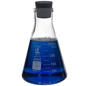 250ml Narrow Mouth Erlenmeyer Flask with Rubber Stopper, 3.3 Borosilicate Glass, Karter Scientific (Single)