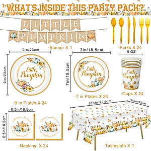 Fall Little Pumpkin Baby Shower Party Decorations Thanksgiving Pumpkins Disposable Birthday Party Decorations Set with Plates, Cups, Napkins, Tablecloth, Banner, Knives, Spoons and Forks, Serves 24