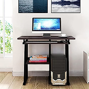 Desktop Computer Desk With Keyboard Tray, Modern Home Office Writing Work Desk, Wood Student Study Table with Storage Shelves, Farmhouse Notebook Workstation, Small Space Gaming Desks (Black)