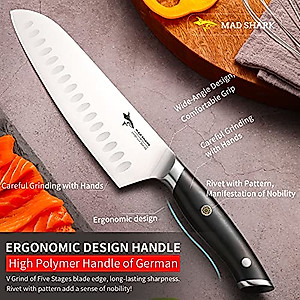 MAD SHARK Chef Knife, Professional 8 Inch Santoku Knife, Made of German High Carbon Stainless Steel, Non-stick Ultra Sharp Kitchen Knife with Ergonomic Handle, Finger Guard and Gift Box