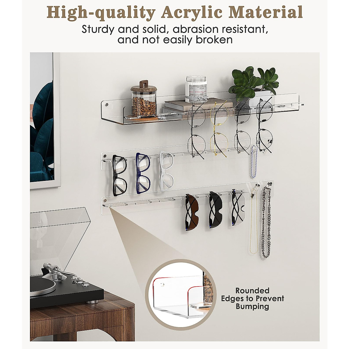 MoKo 3 Pack Acrylic Sunglass Organizer Wall Mount, Clear Sunglass Display Case Storage Hanging Holder for Entryway Living Room Bedroom, Clear