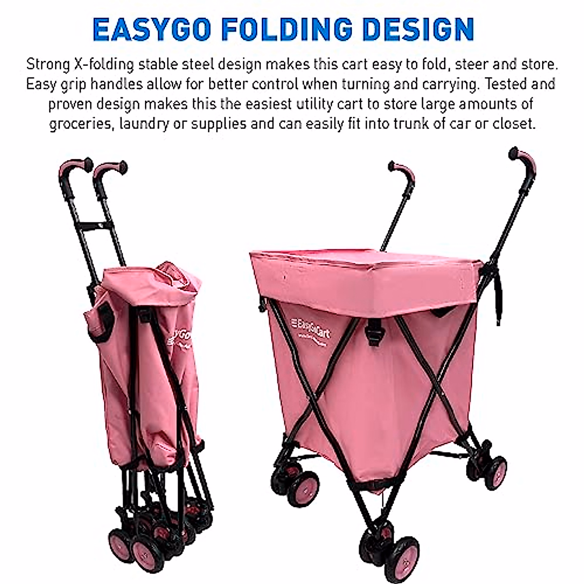 EasyGo Rolling Cart Folding Grocery Shopping Cart Laundry Bag with Wheels, Removable Canvas, 120lb Capacity, Basic Pink