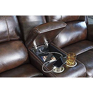 Signature Design by Ashley Buncrana Traditional Dual Sided Power Reclining Loveseat with Nailhead Trim, Center Storage Console and USB Port, Brown