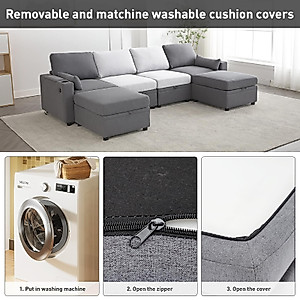 WOTSTA Modular Sectional Sofa Couch with Large Storage, Convertible U Shaped Sofa with USB Ports & Cup Holders, Deep Seat Couch with Wide Chaise, 6 Seat Sectional Couches for Living Room (Grey)