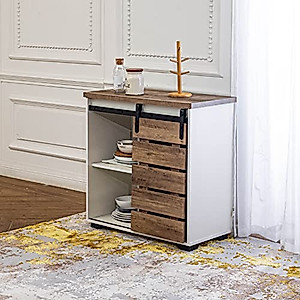 FurniutreR Wood Farmhouse 2 Hidden Shelves Coffee Bar Buffet Storage Cabinet with Groove Door for Kitchen Living Dining Room,32 Inch Side Board, White Oak