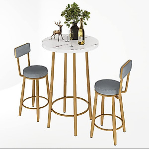 Hooseng Bar Table and Chairs Set, 3-Piece Bistro Pub Dining Table Set, Faux Marble High Top Bar Table and 2 Upholstered Stools w/Backrest, Space Saving Kitchen Table Set for Home to Restaurant, Grey