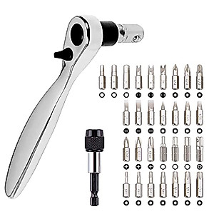SHARDEN 32 in 1 Ratchet Screwdriver Bit Set with Right Angle Offset 1/4" High Torque Driver Handle, Socket Adapter, Extension Bit Holder, S2 Multi Bits for Ratchet Wrench, Screwdriver