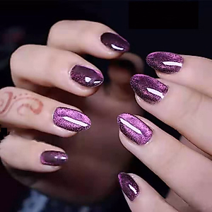 Purple Cat Eye Press on Nails Medium Length Round False Nails 24 Pcs Dark Purple Glossy Glue on Nails Color Changing with Light Luxury Acrylic Fake Nails for Women Girls