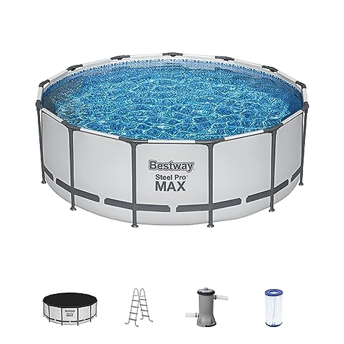 Bestway Steel Pro MAX 13 Foot x 48 Inch Round Metal Frame Above Ground Outdoor Swimming Pool Set with 1,000 Filter Pump, Ladder, and Cover