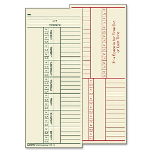 TOPS Time Cards, Weekly, 2-Sided, Named Days, 3-3/8" x 8-1/4", Manila, Green/Red Print, 500-Count (1260)