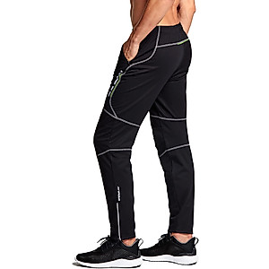 TSLA Men's Thermal Windproof Cycling Pants, Fleece Lined Outdoor Bike Pants, Winter Cold Weather Running Pants, Cycling Windproof Pants Black & Lime, Large