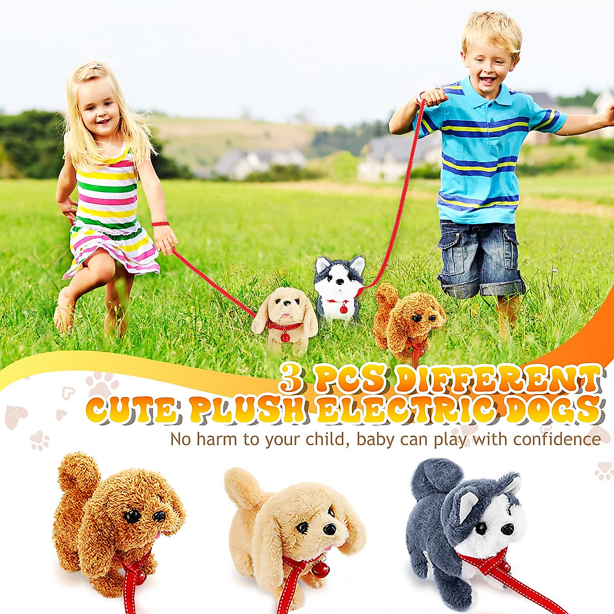 3 Pcs Plush Dog Toys for Kids, Electronic Interactive Pet Dog, Real Dog, Stuffed Toy Dogs That Walk and Bark Tail Wagging, Realistic Puppy Electric Walking Animals Electronic Pets for Little Teen Gift