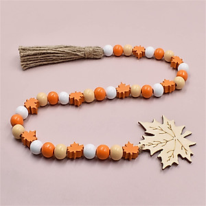 Thanksgiving Wood Beads Garland with Tassel Maple Leaves Pendant, Thanksgiving Day Wooden Bead Garland Wreath Wall Hanging for Home Party Wood Hanging Beads Ornaments