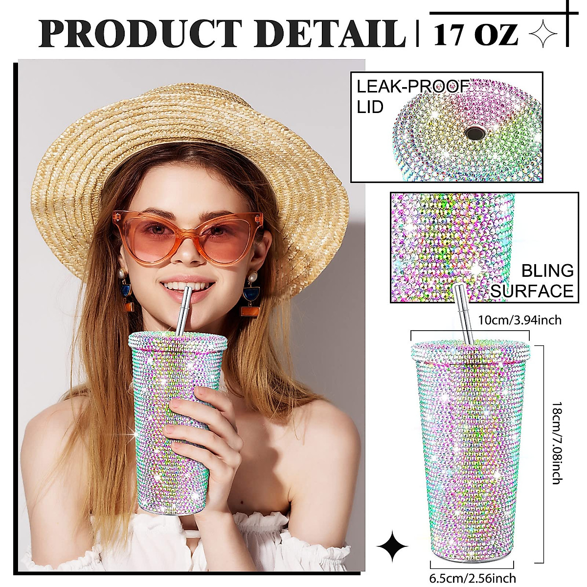 Irenare 3 Pieces Diamond Water Bottle Rhinestone Water Bottle Glitter Tumbler Thermal with Chain Bling Cups with Lids Rhinestones Stainless Steel Thermal for Women Girl, 25 oz, 25 oz, 17 oz