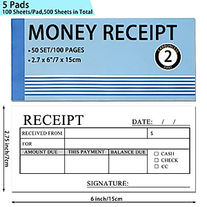 Money and Rent Receipt Book 5 Pack/250 Sets, 2-Part, 2.75"x6" Carbonless Copy Receipt Book with Cardboard and Waterproof Cover (50 Sets Per Book)