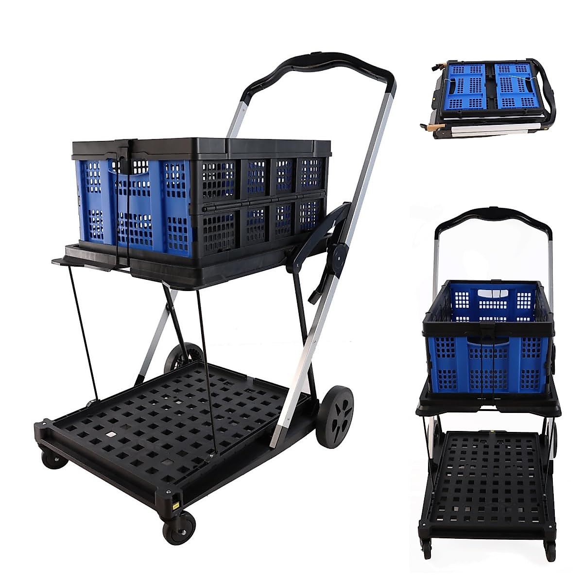 2-Tier Folding Shopping Cart with Wheels, Collapsible Utility Cart Multi Use Functional, 2 in 1 Hand Truck for Grocery/Luggage/Moving
