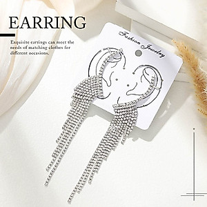 Earent Tassel Rhinestone Earrings Dangling Silver Long Chandelier Fringe Earring Sparkly Statement Dangle Drop Earrings Party Jewelry for Women