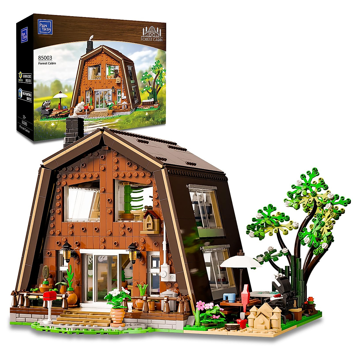 BRICKKK PANTASY Wood-Cabin Building Set, Cabin House Building Bricks Set, Buildable Architecture with Outdoor Pool and BBQ Model Building Kit, Construction Building Set for Adults and Teen