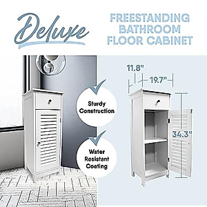 MICRODRY Narrow Bathroom Storage Floor Cabinet with Slatted Door, Drawers and Shelves, Bathroom Storage, Compact Functional Design, Premium Water Resistant Coating, Easy to Assemble, White