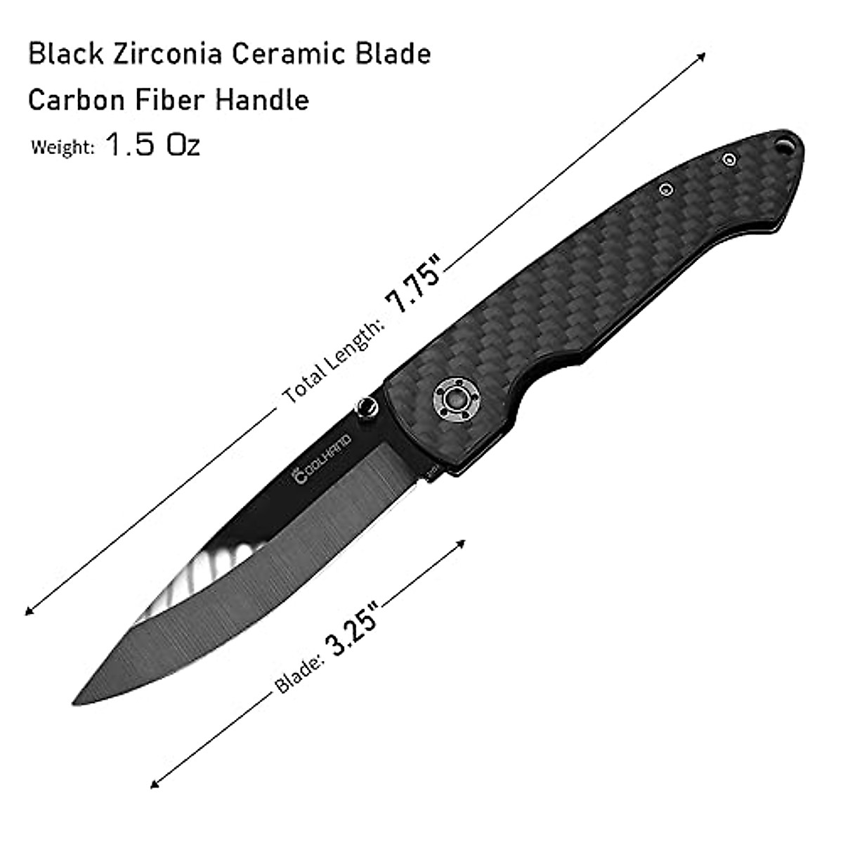 Cool Hand 4.5" Carbon Fiber Folding Knife w/ 3.25" Polished Black Zirconia Ceramic Blade, Liner Lock Mechanism, w/Pocket Clip, Gift Box Packing