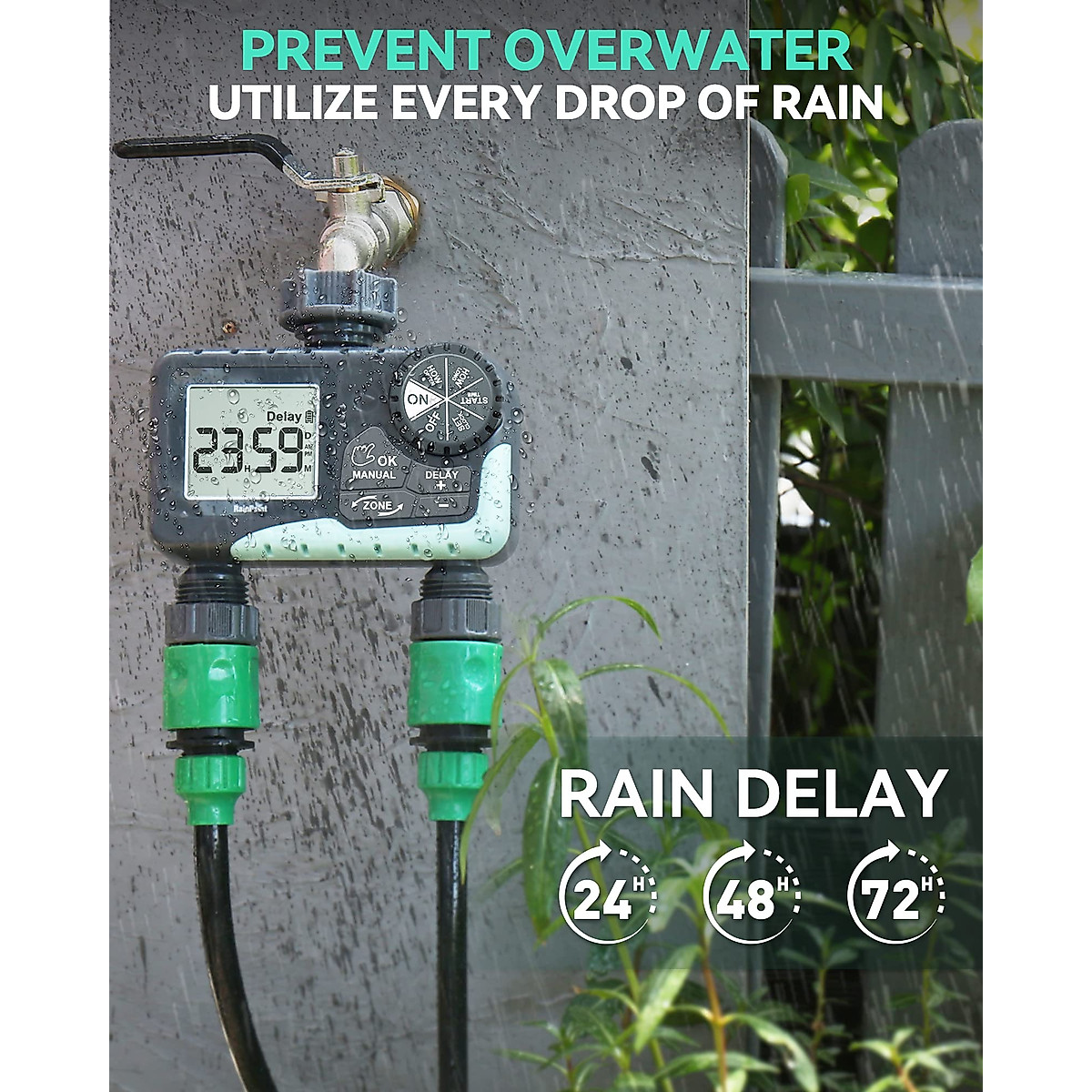 RAINPOINT Water Timer for Garden Hose - 2 Zone Sprinkler Timer with Rain Delay/Manual Watering/Automatic Irrigation Controller System - Water Hose Timer Programmable Faucet Timer for Yard Lawn