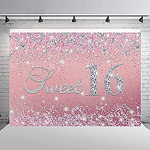 Hilioens 7×5ft Sweet 16th Birthday Backdrop Glitter Pink Diamonds Bokeh Girls 16th Birthday Party Backgorund Shining Silver Happy Sixteen Birthday Party Banner Deocrations Photo Booth Props