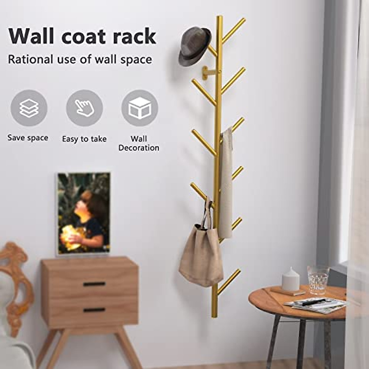 Omsaca Wall Mounted Coat Rack, Hat Tree For Wall, Modern Metal Wall Clothes Rack, Purse Rack With 11 Hooks, Space Saving And Easy Installation, Suitable For Living Room, Bedroom, Entryway-Tree Golden