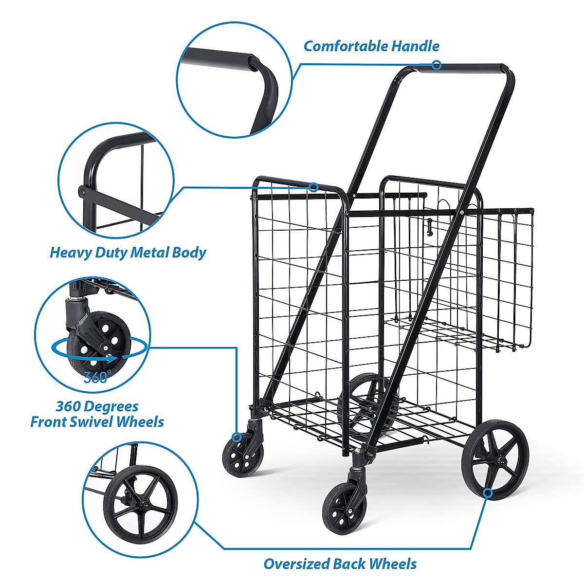 Smartxchoices Large Capacity Folding Shopping Cart with Swivel Wheels, Black, 66 Ibs