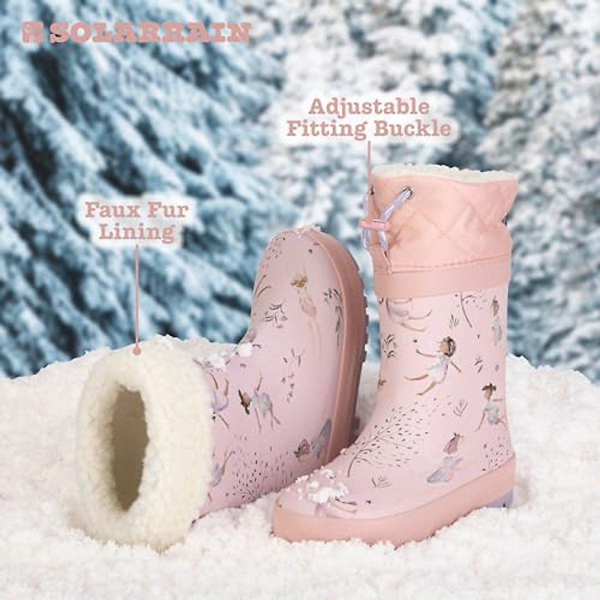 SOLARRAIN Boys Girls Snow Rain Boots Rubber Insulated Waterproof Winter Warm Boots for Kids Outdoor Mud Boots Rain Shoes with Adjustable Closure (Fairies)