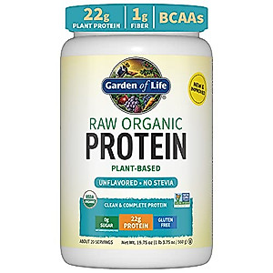Organic Vegan Unflavored Protein Powder - Garden of Life – 22g Complete Plant Based Raw Protein & BCAAs Plus Probiotics & Digestive Enzymes for Easy Digestion, Non-GMO Gluten-Free Lactose Free 1.2 LB